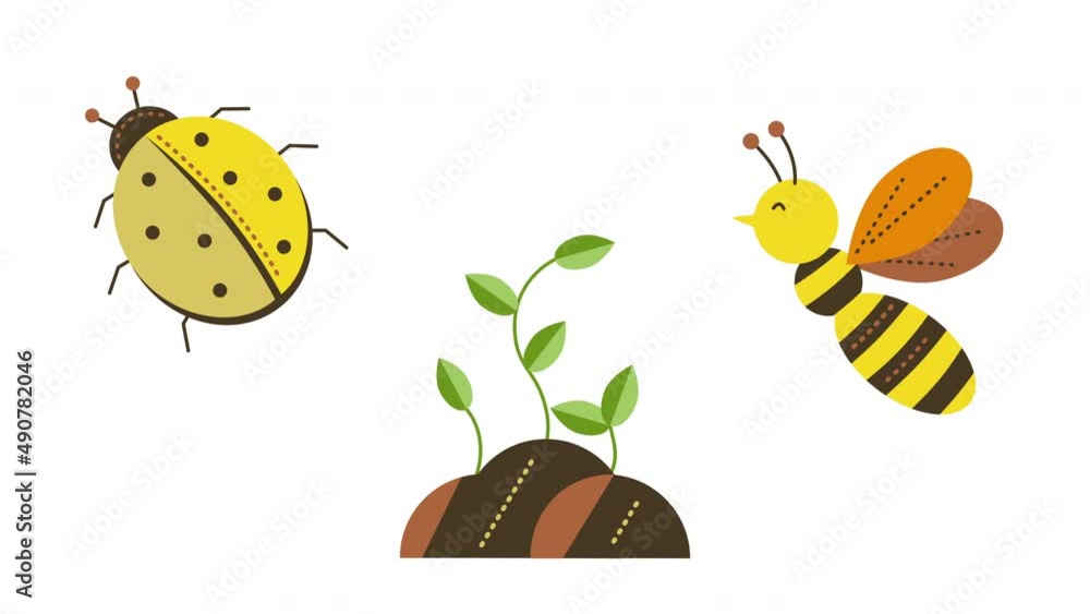 4k video of cartoon spring set of insects creatures and green plant on ...