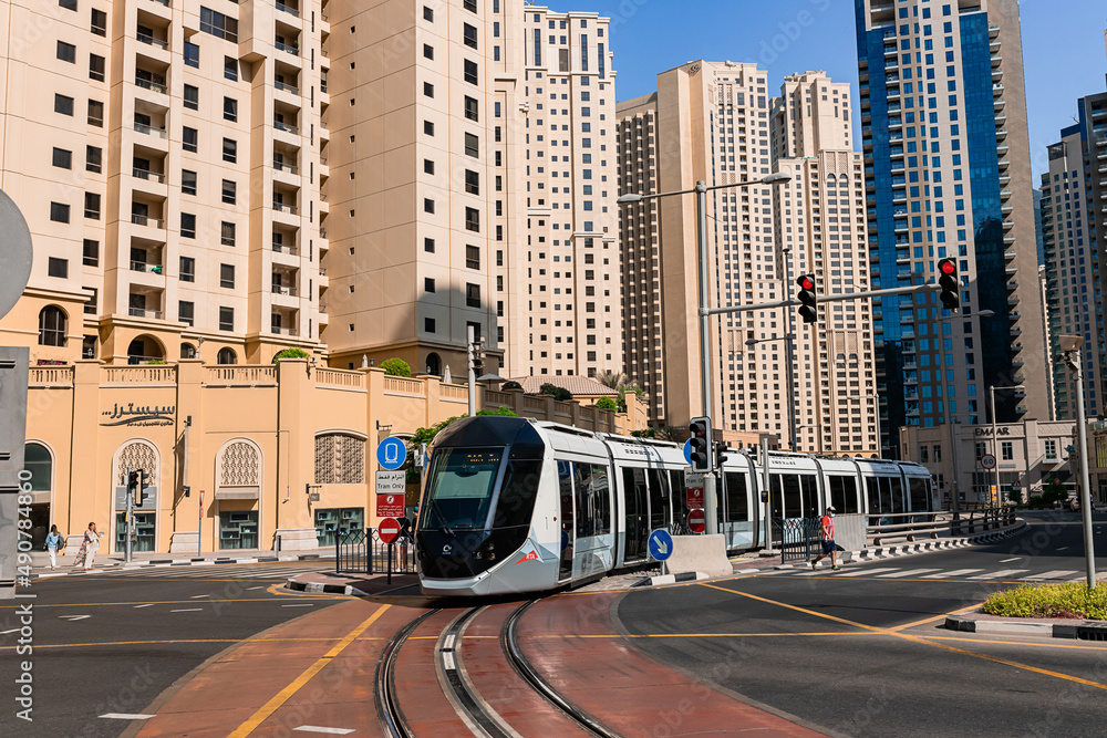 Dubai, UAE - November 06, 2021: Dubai Tram public transport transit ...