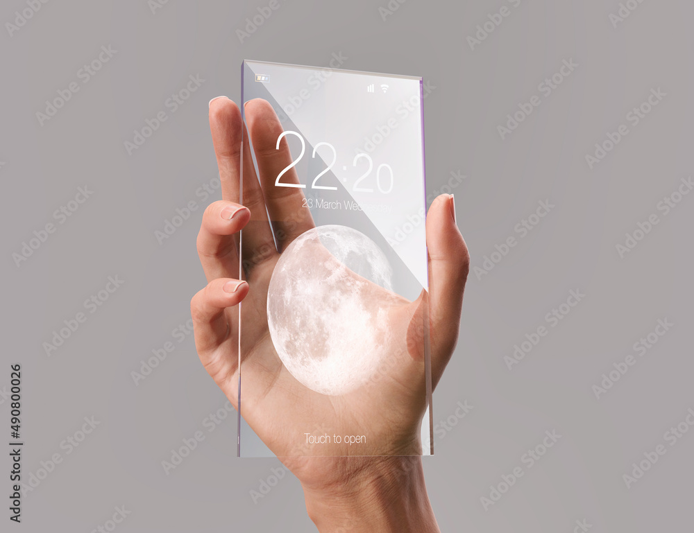 Futuristic thin glass smartphone design in a hand. 3d rendering Stock ...