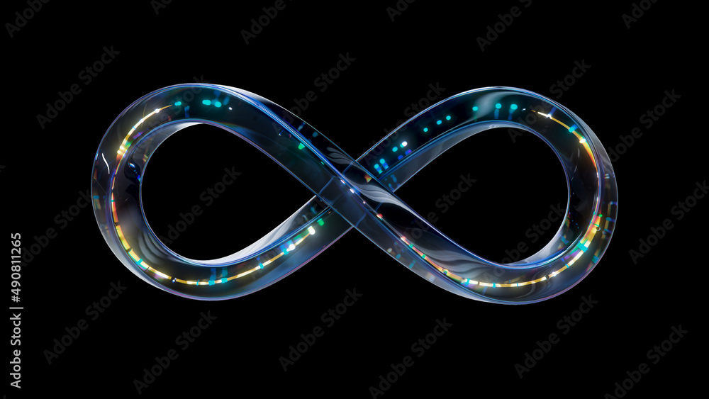3d render Glass Infinity symbol with neon in loop animation with alpha ...