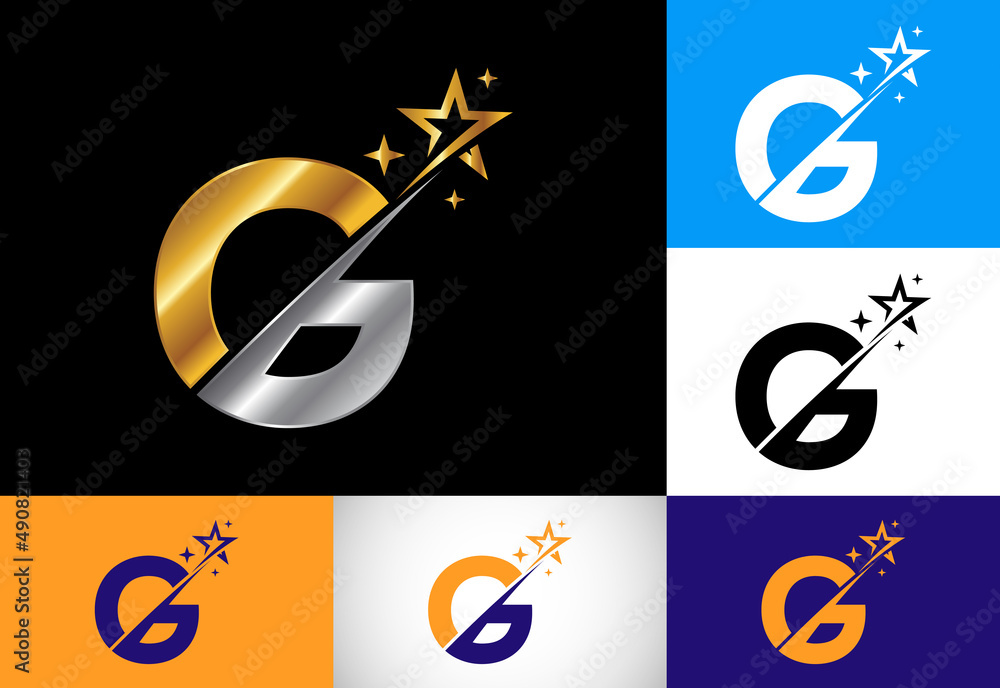 Initial G monogram letter alphabet with swoosh and star logo icon ...