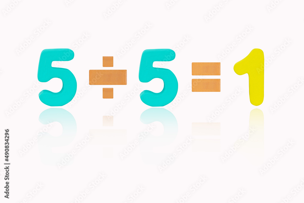 Five divide Five equals One. Isolated on white background. Image of ...