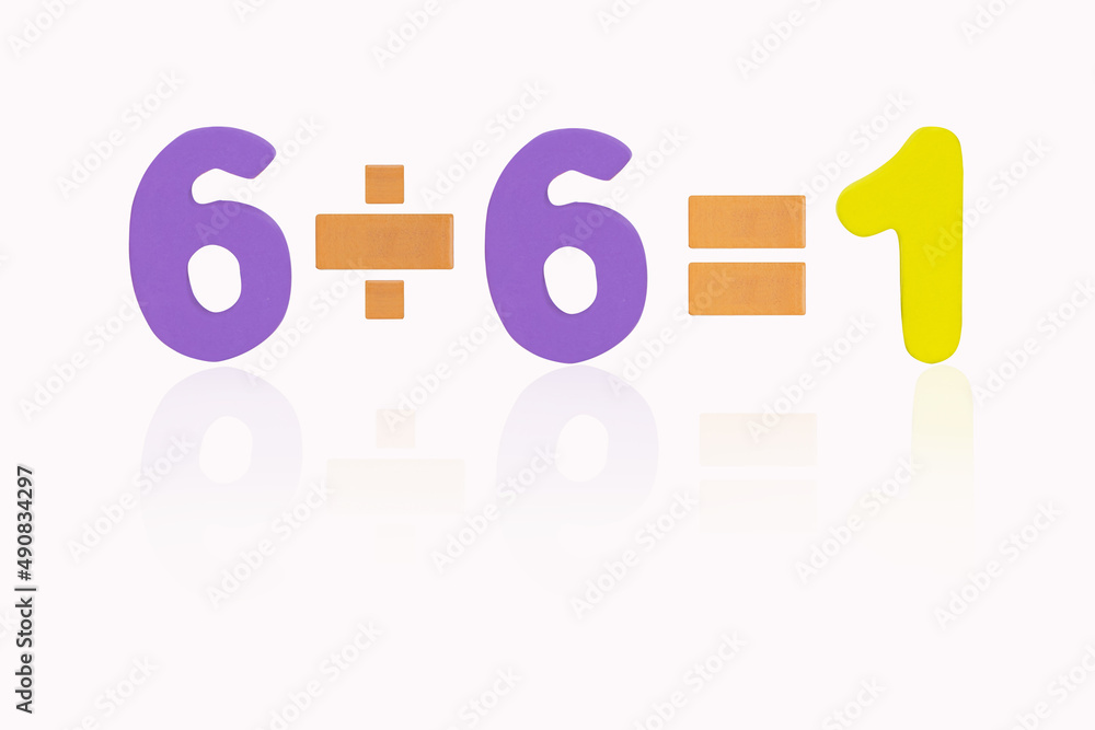 Six divide Six equals One. Isolated on white background. Image of ...