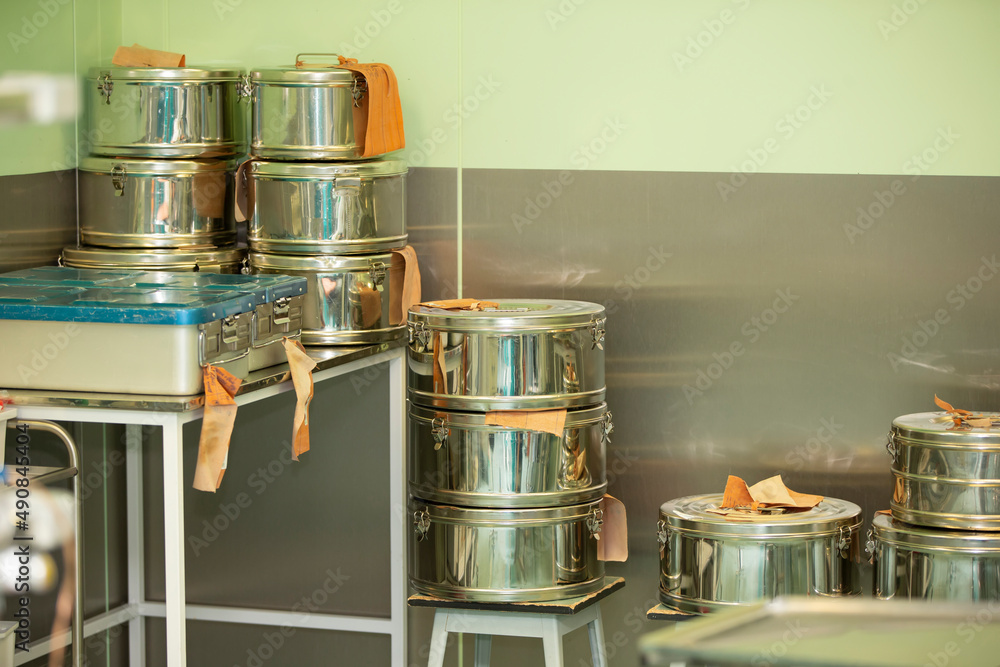 Metal boxes in the operating room. Sterile boxes for medical operation ...