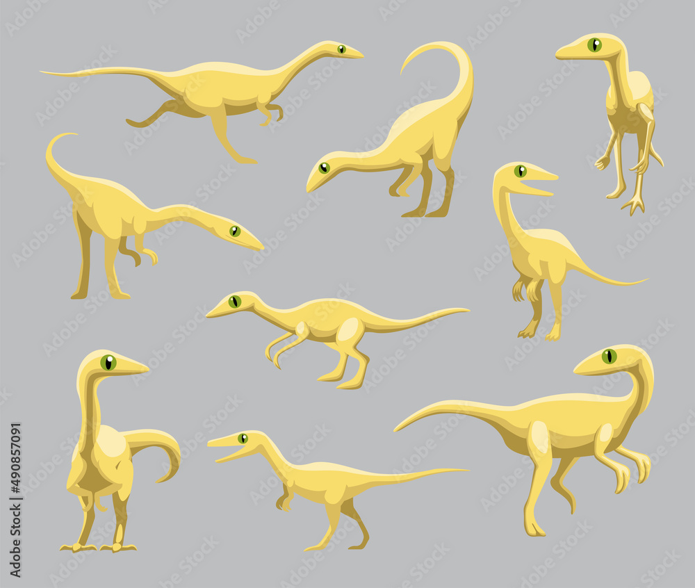 Cartoon Dinosaur Compsognathus Cute Various Poses Cartoon Vector ...