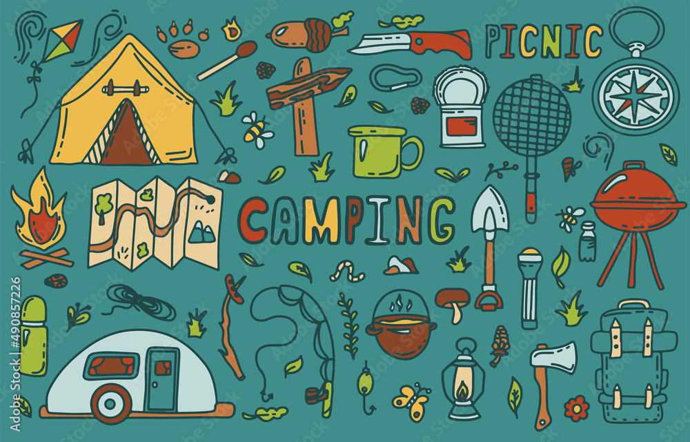 Big Doodle vector camping set. Sketch hiking Icons.Hand draw ...