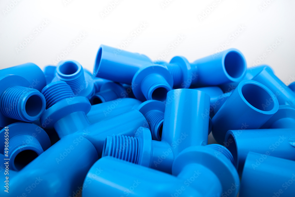 Blue PVC pipe set, separate on a white background, blue plastic water ...