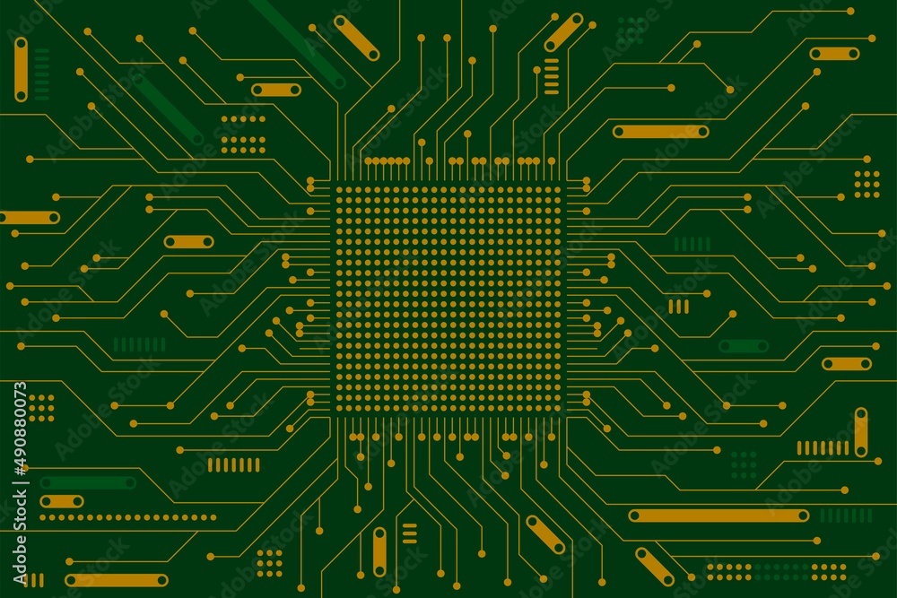 Circuit board background. Horizontal format. Flat Golden ...
