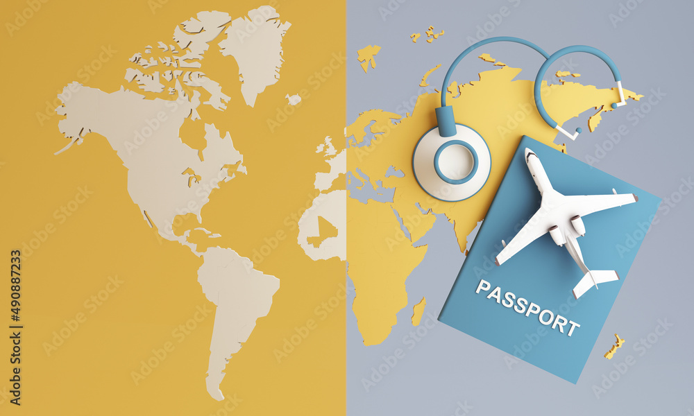 Passport book, placed on a blue and yellow world map with a stethoscope ...