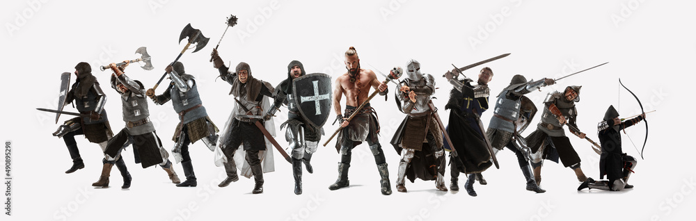 Brave armored knights with professional weapon fighting isolated on ...