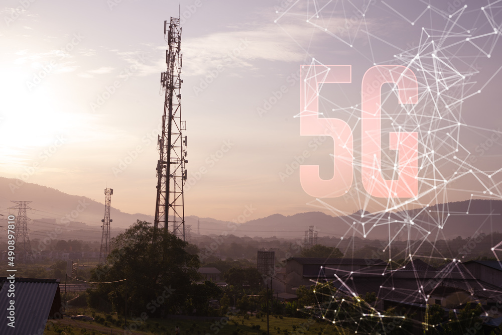 Telecommunication tower of 3G, 4G and 5G network during sunset ...