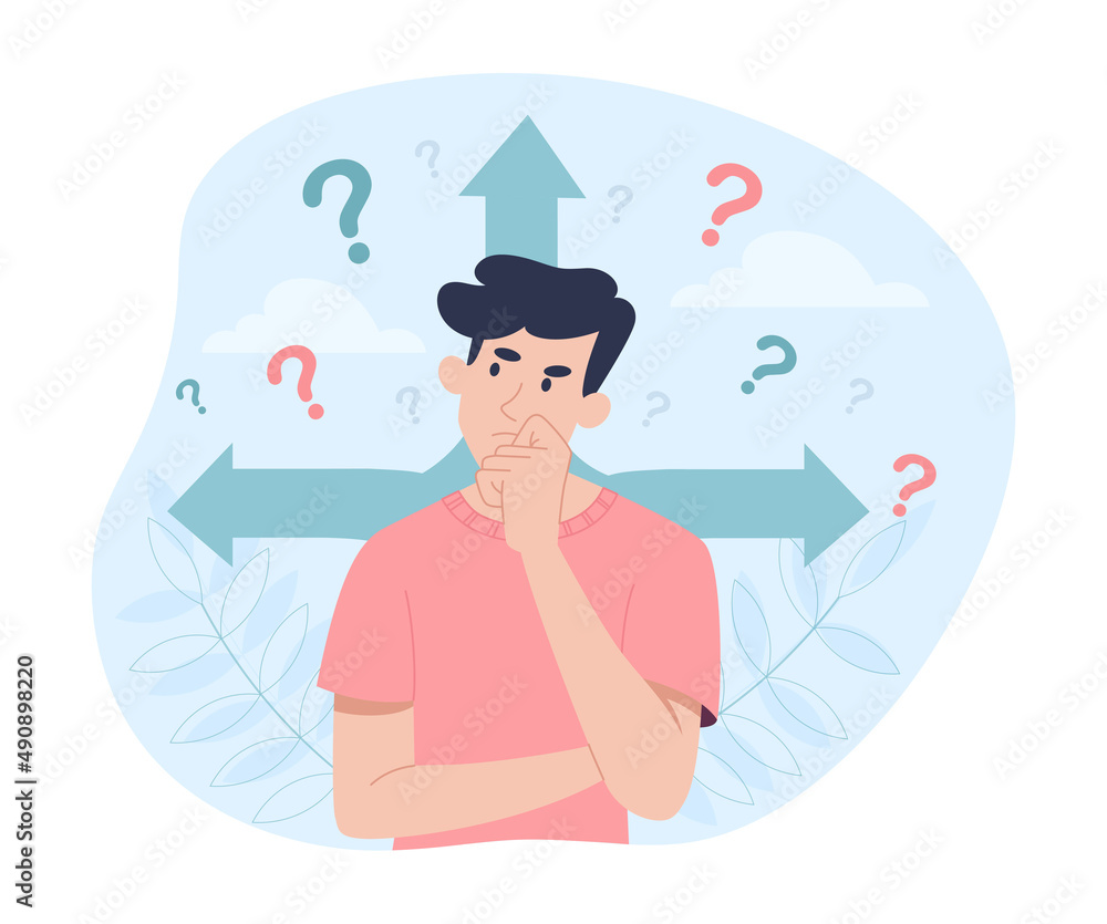 Choosing right way. Young guy makes decisions, searching for best ...