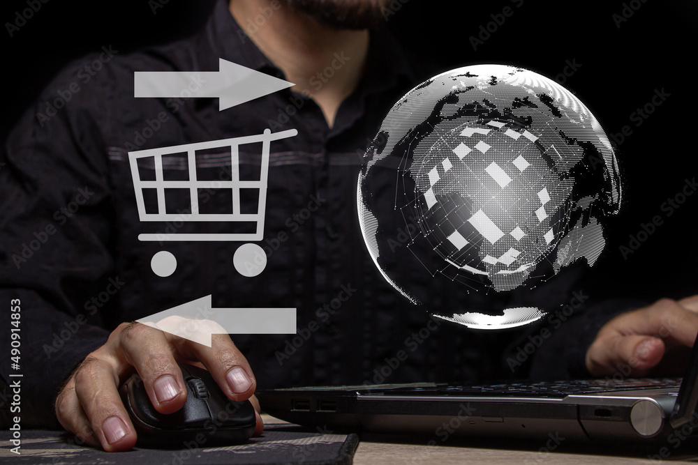 Digital shopping cart carrying out online shopping. The modern way of ...