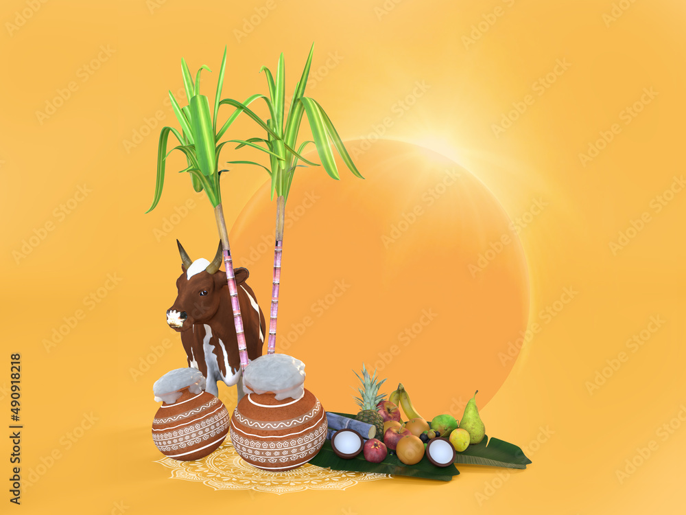 pongal elements in 3d render with yellow background Stock Illustration ...