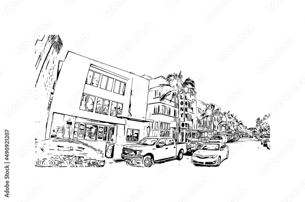 Building view with landmark of Miami is the city in Florida. Hand drawn ...
