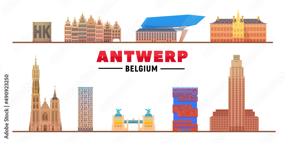 Antwerp (Belgium) most famous landmarks on white background. Vector ...
