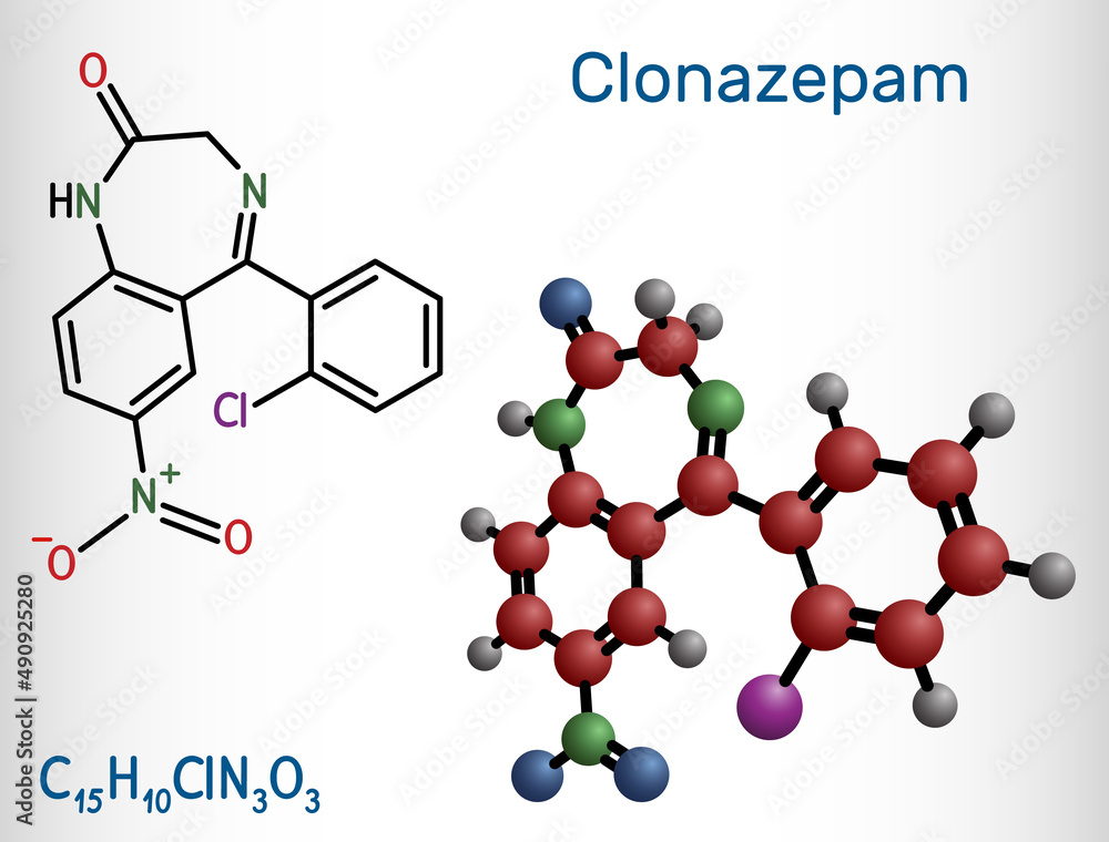 Clonazepam molecule. It is benzodiazepine, anticonvulsant, used to ...