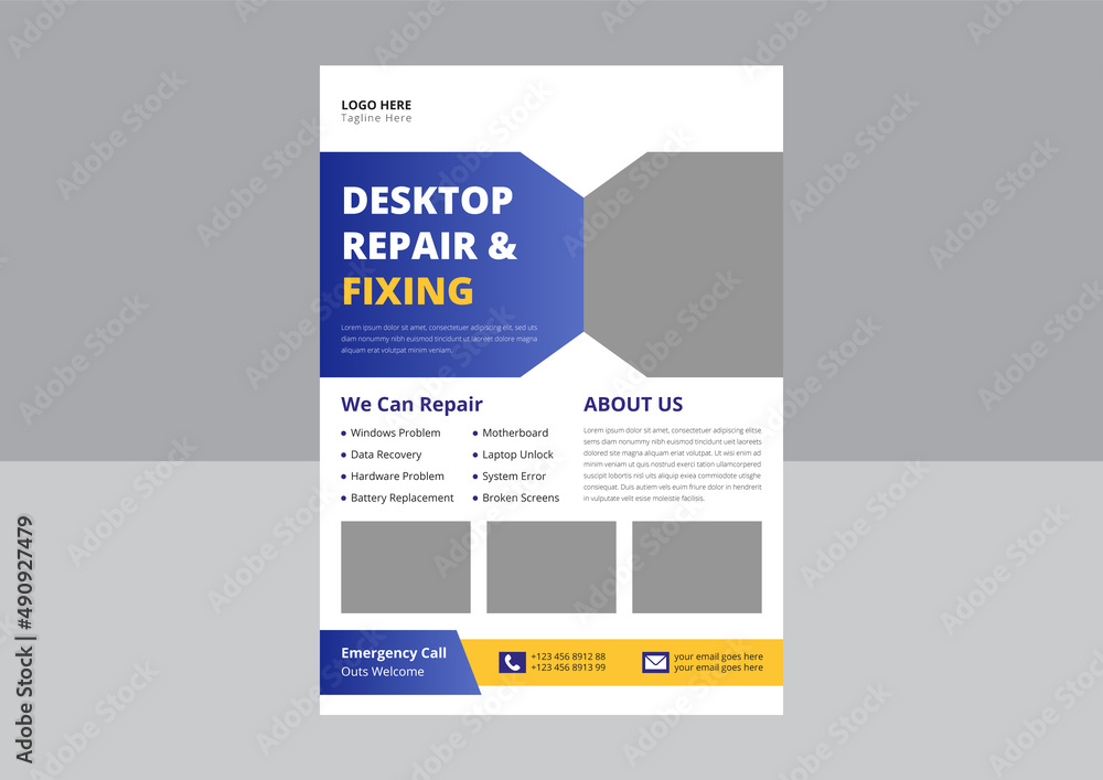 Computer repair service flyer design template. Laptop smartphone repair ...