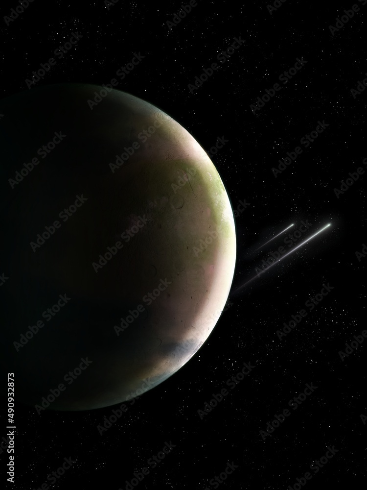 Planet in distant space. Approach of an exoplanet to a comet. Beautiful ...