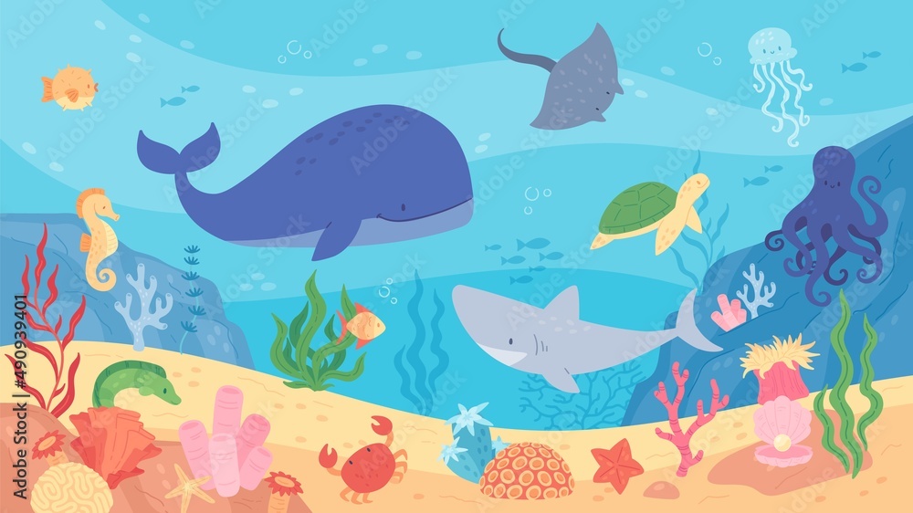 Underwater world, sea animals, marine life scene. Ocean with corals ...