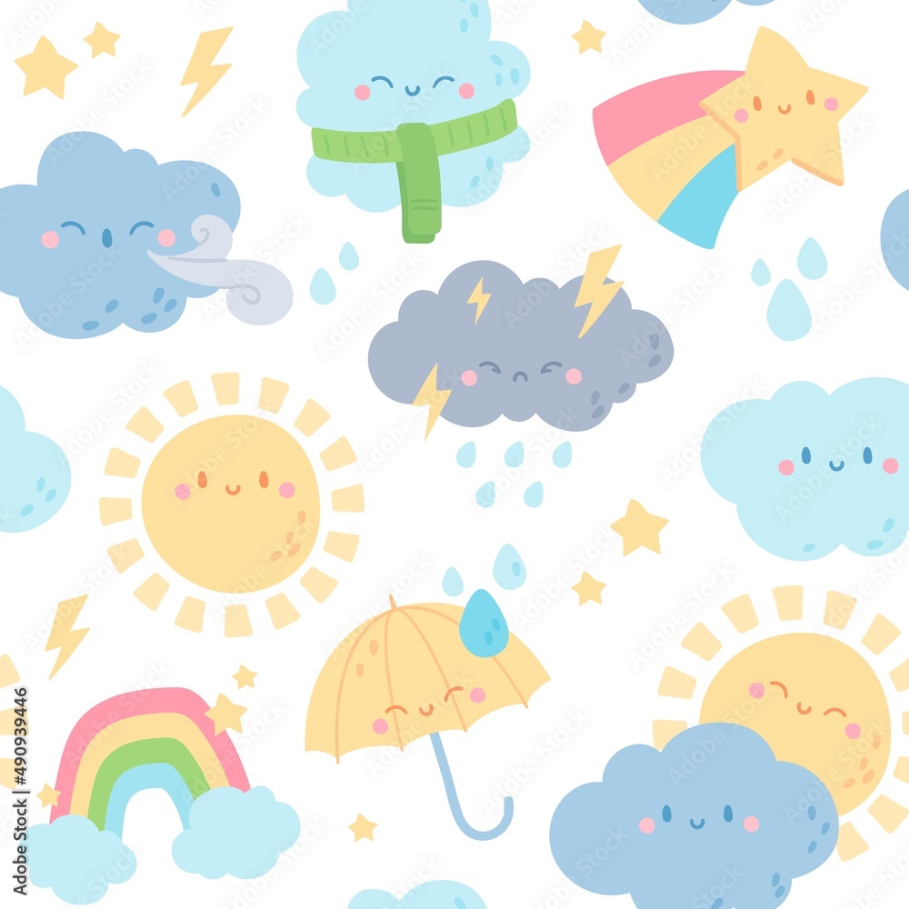 Cloud and sun characters with funny faces, cute weather background ...