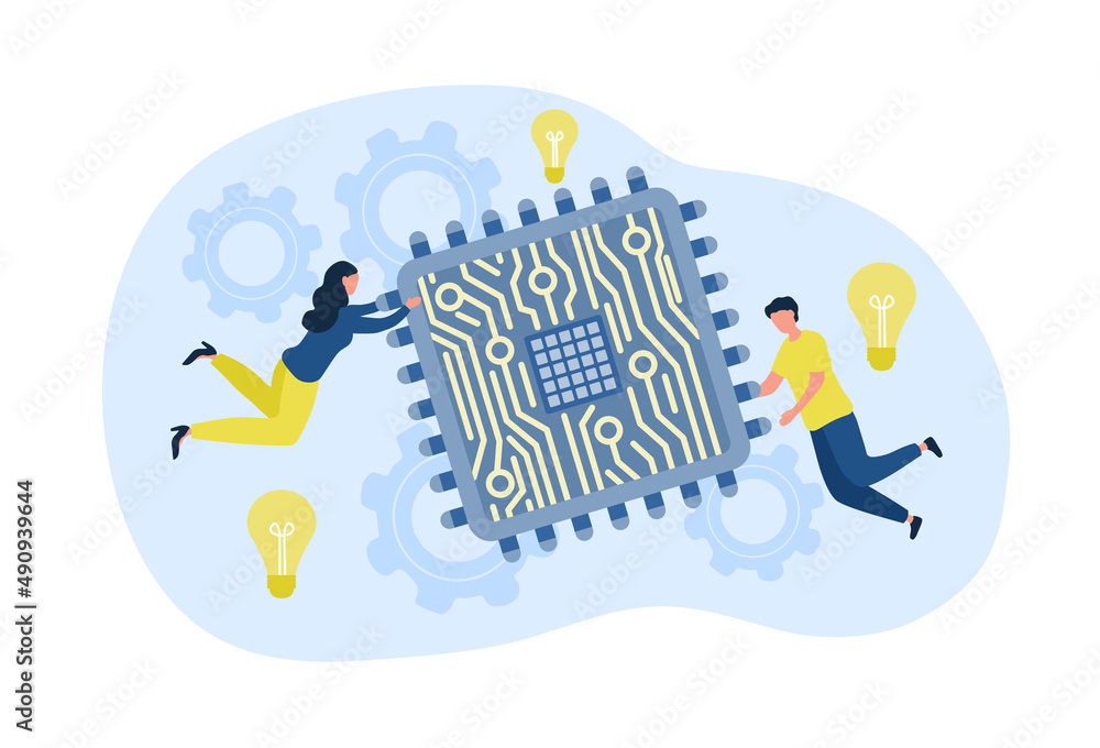 Electronics manufacturing concept. Team holding on to microcircuit ...