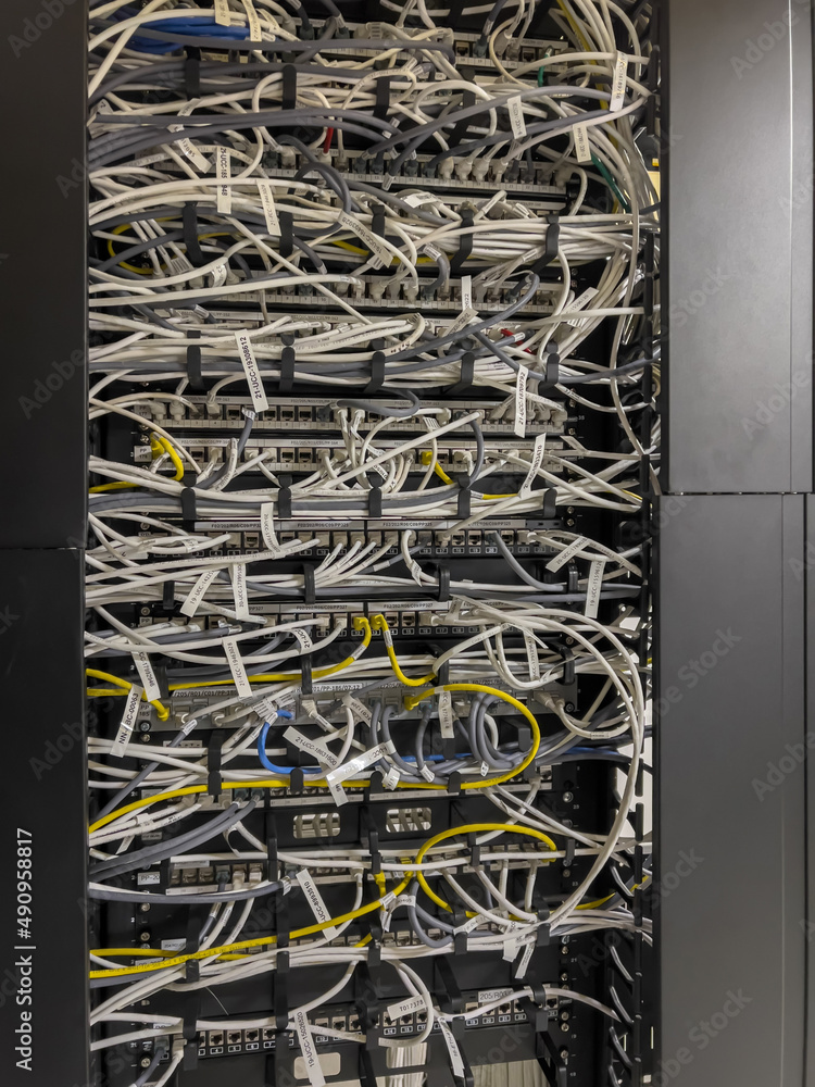 multiple server rack cables, cloud storage, indicators of different ...