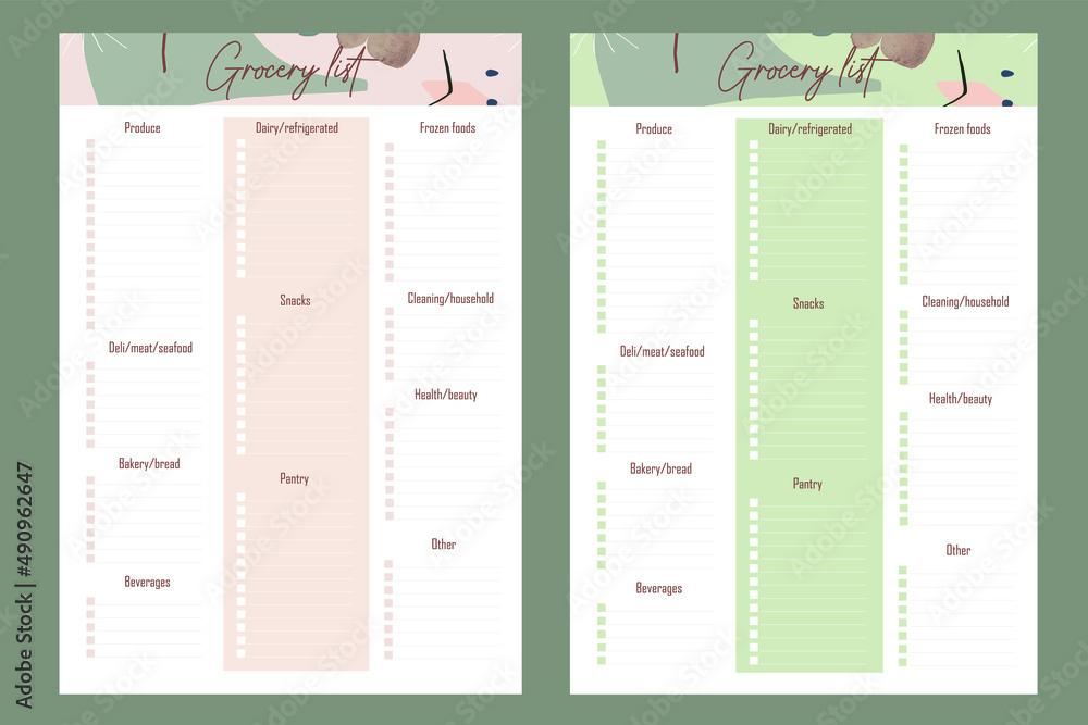 Set of 2 Grocery Lists planner printable template vectors. Printable ...
