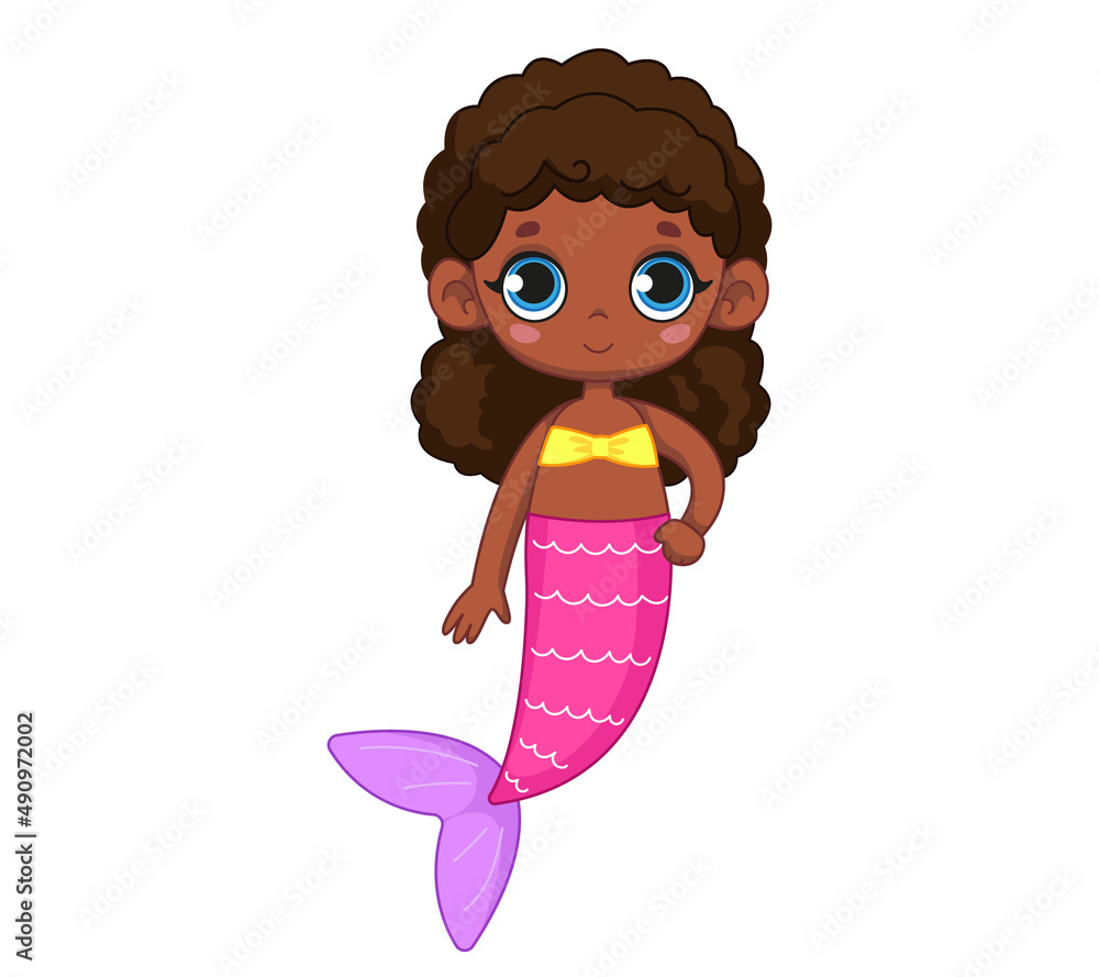 Cute black mermaid girl with curly hair and pink fish tail. Vector ...