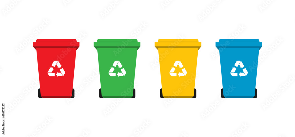 Flat vector illustration set of trash can with four type red, green ...