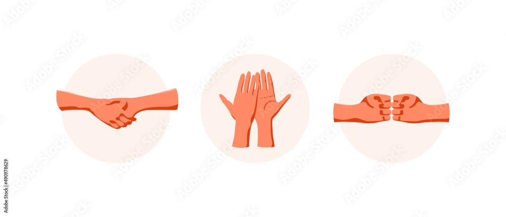 Set of three hand gesture vector design including handshake, high five ...