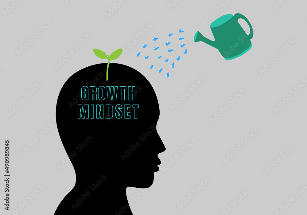 Human head with a brain inside. Growth mindset. Blue Neon text over ...