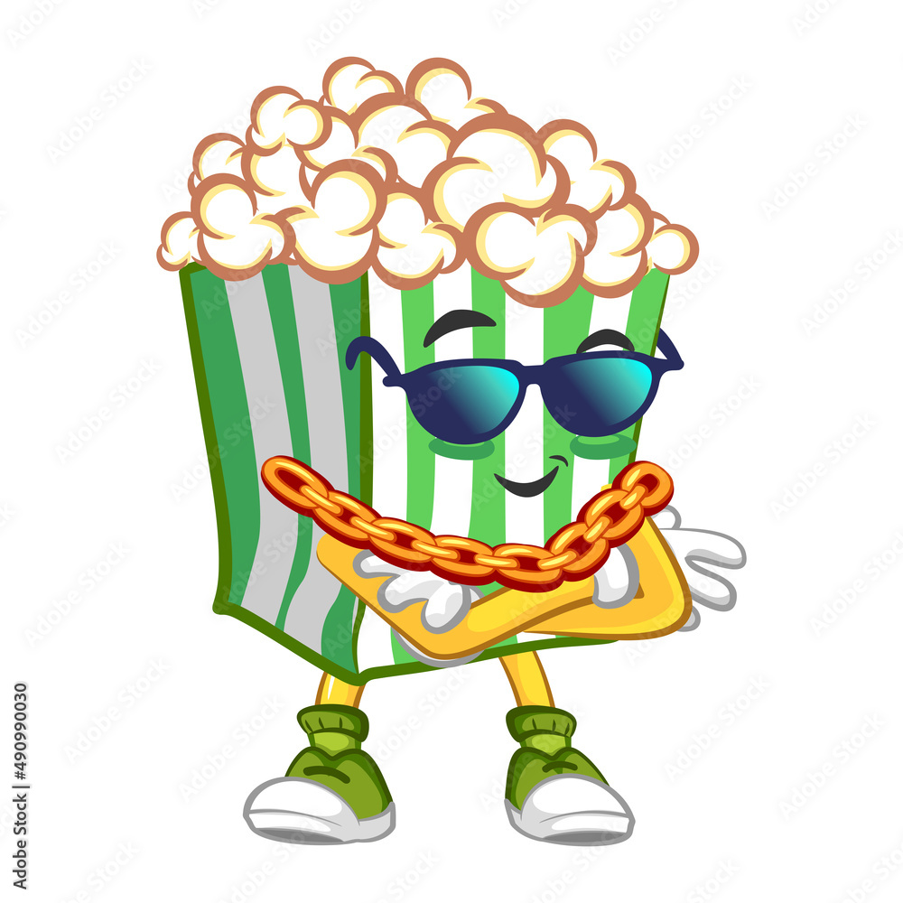 Cute popcorn character with sunglasses and gold chain. Vector hand ...