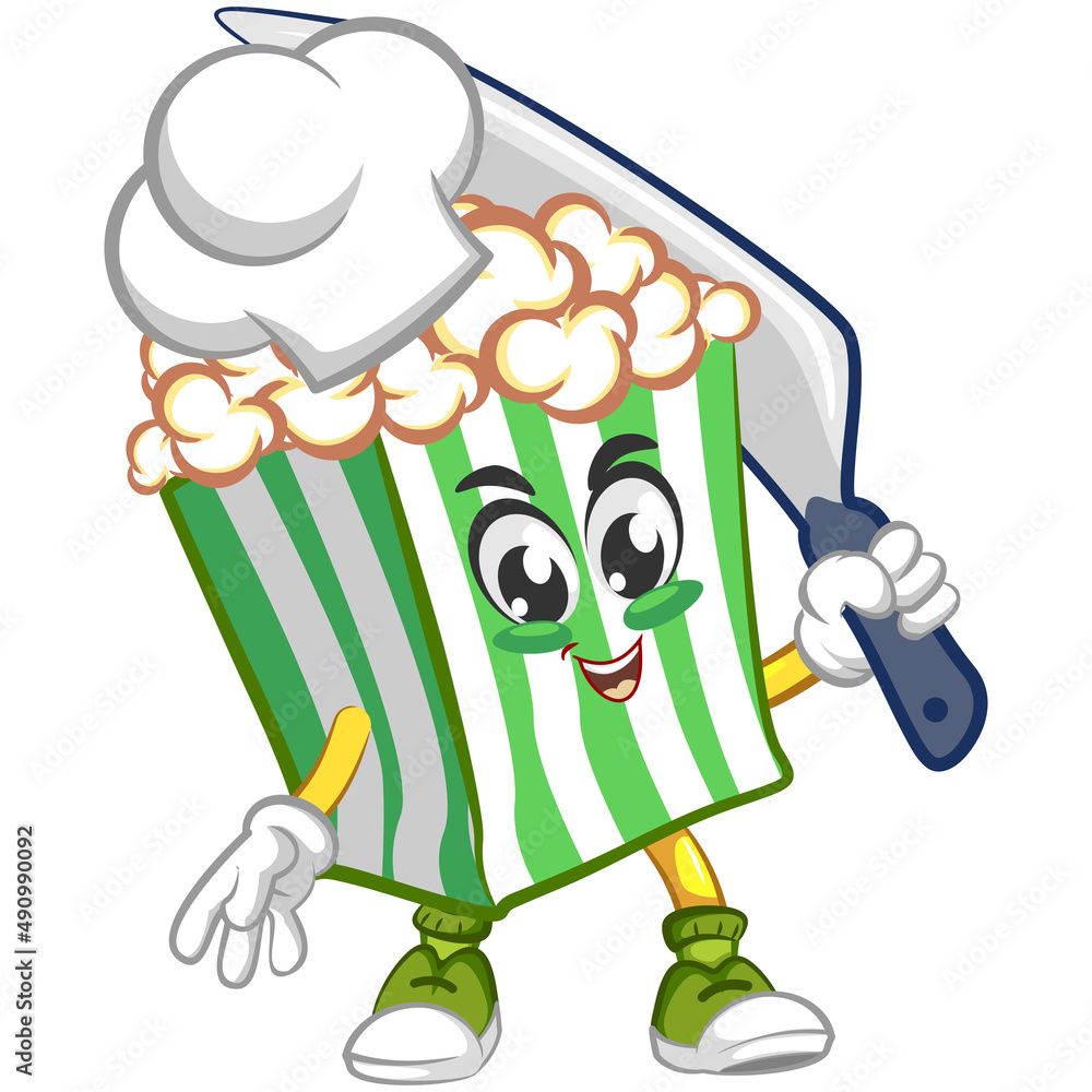 Cute popcorn character being chef and his knife. Vector hand drawn ...
