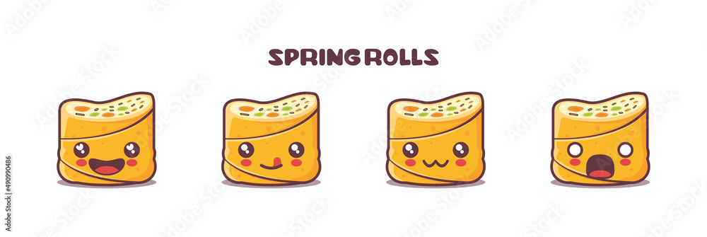 cute spring rolls cartoon illustration, with different facial ...
