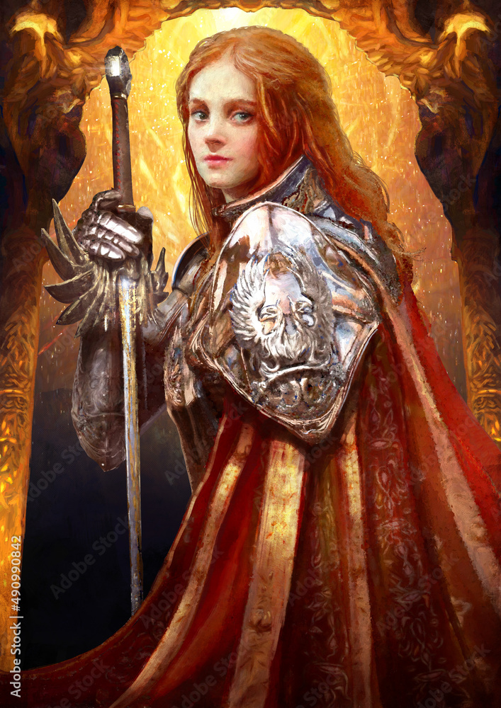 A charming and incredibly cute young knight girl in thick shiny armor ...