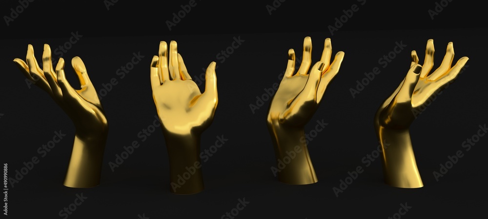 3D illustration of two golden hands on a black background. Template for ...