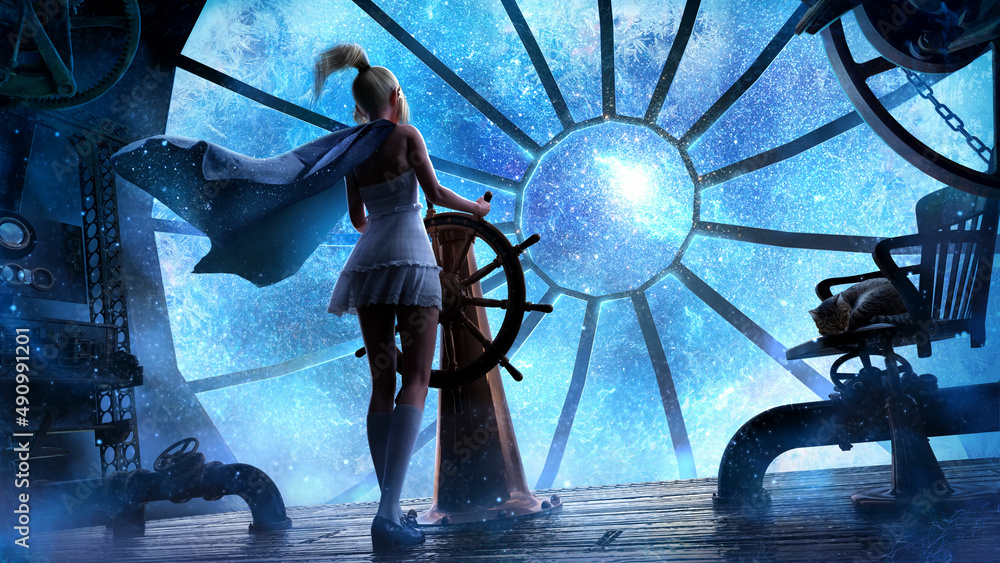 A young girl at the helm of an airship is flying towards a bright ...