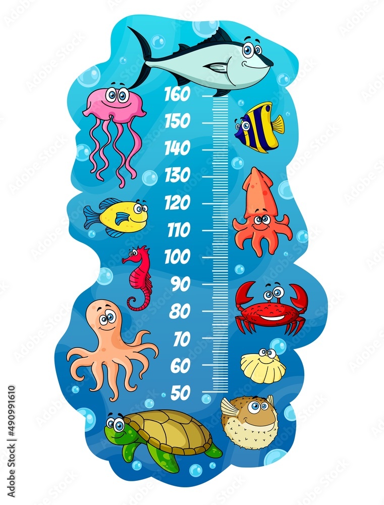 Kids height chart with cartoon sea animals, vector growth measure meter ...