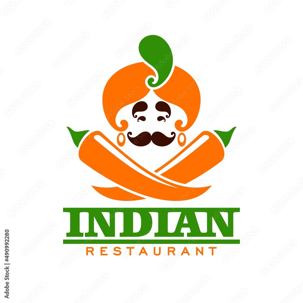 Indian restaurant icon with Hindu and peppers, vector India cuisine ...