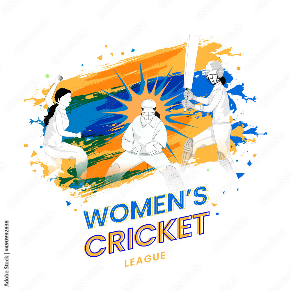 Cartoon Women Cricket Players In Different Poses And Brush Stroke ...
