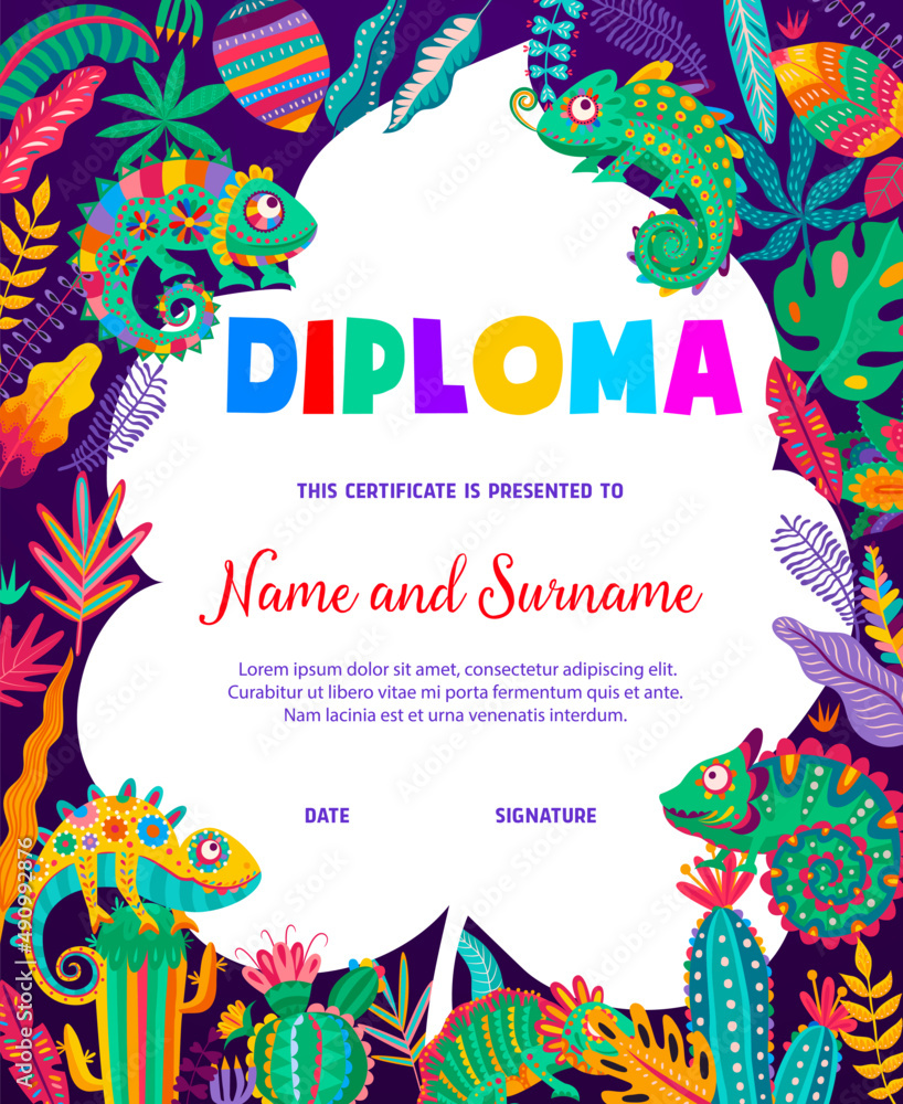 Mexican chameleon lizards, cactus and flowers, kids diploma vector ...