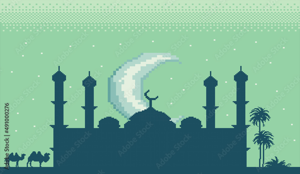 pixel art of the month of ramadan there is a magnificent mosque ...