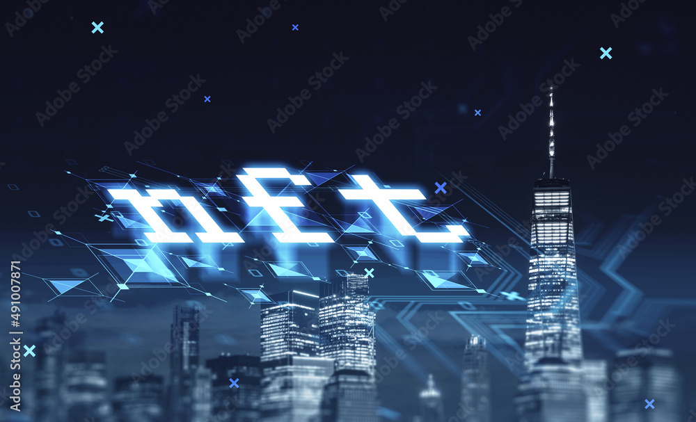 Non-fungible token hologram on virtual digital screen, nft with network ...