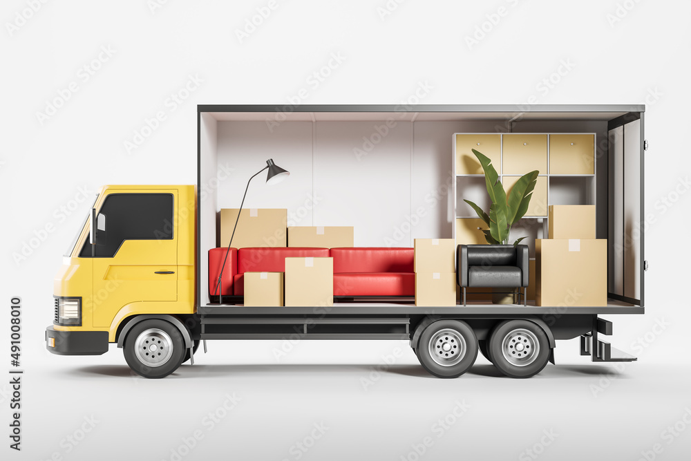 Truck with furniture and boxes, relocation and moving. Delivery company ...