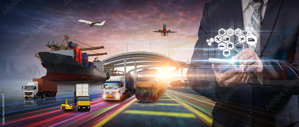 Smart technology logistics concept, Businessman touching virtual screen ...