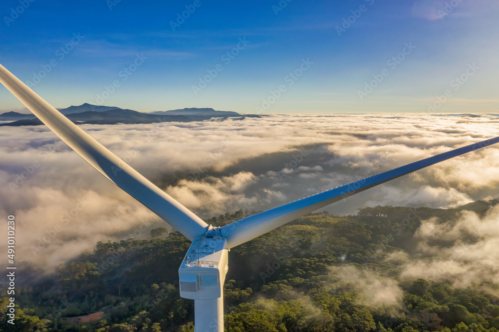 Aerial view of wind farm at Cau Dat town, Dalat, Lam Dong, Vietnam ...