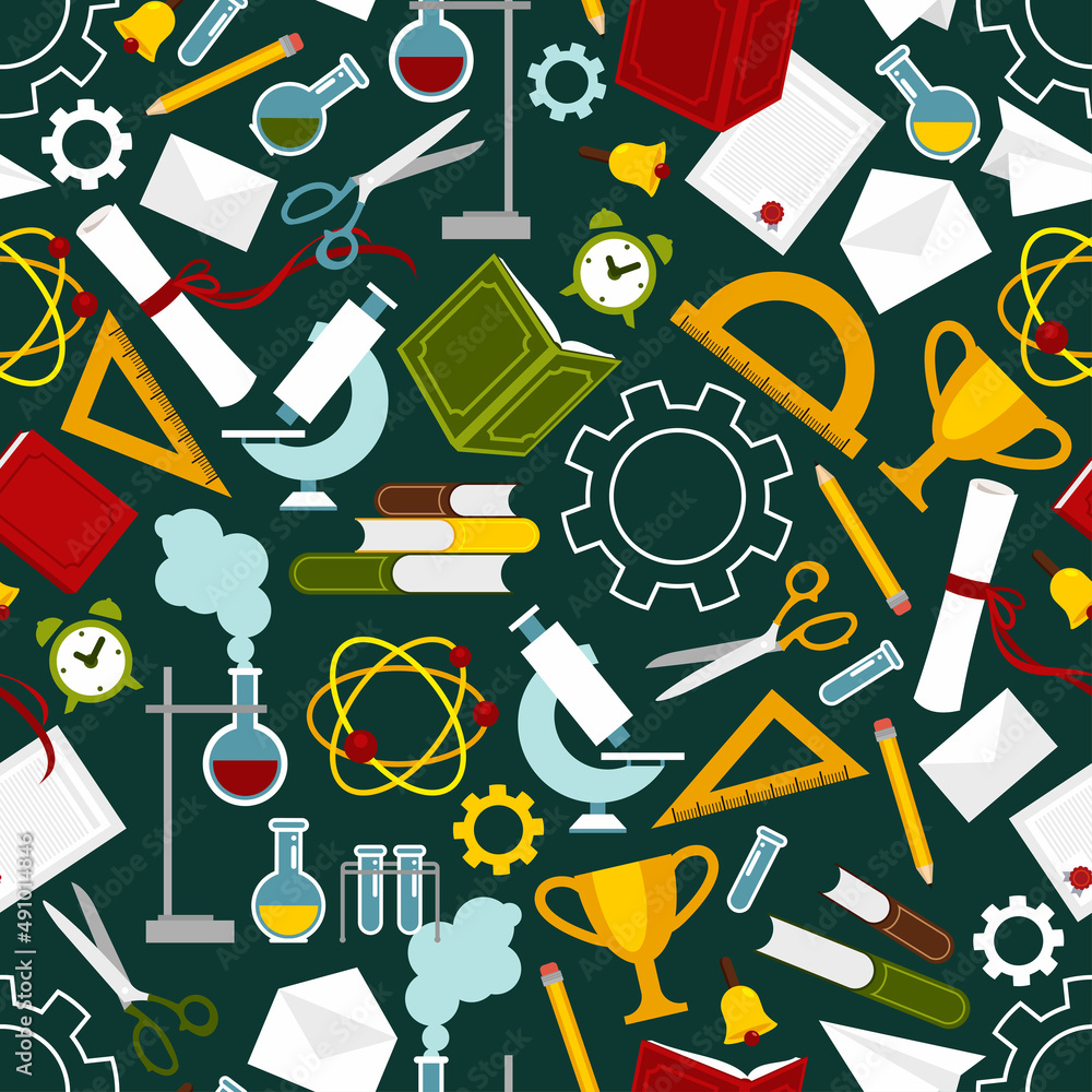 Seamless texture of laboratory and school items on a green background ...
