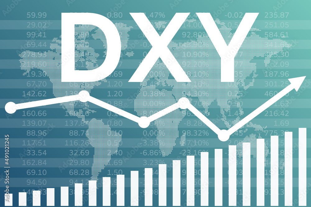High value of dollar index DXY graph on blue and green finance ...