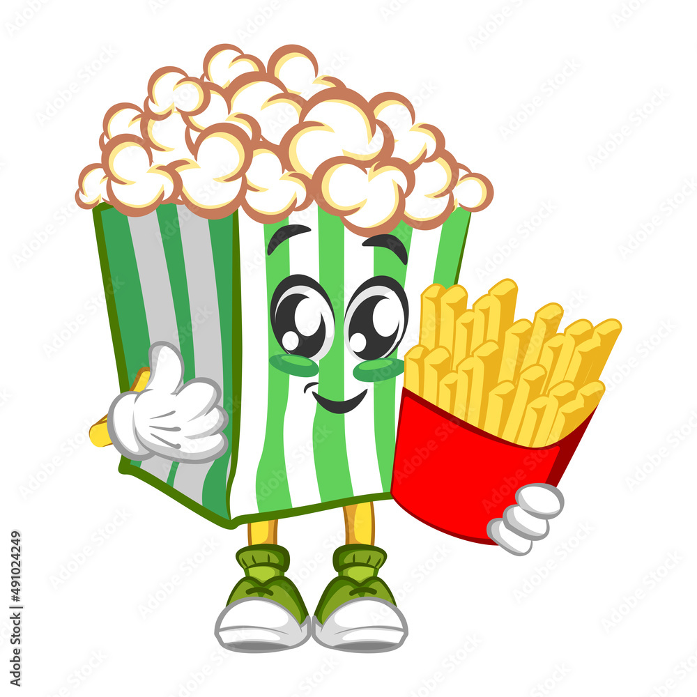 Cute popcorn character with french fries. Vector hand drawn cartoon ...
